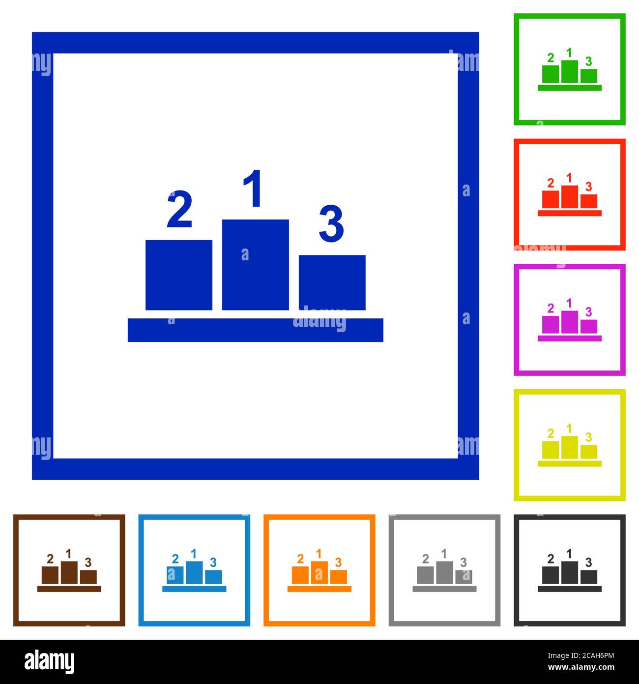 Winners podium with outside numbers flat color icons in square frames ...