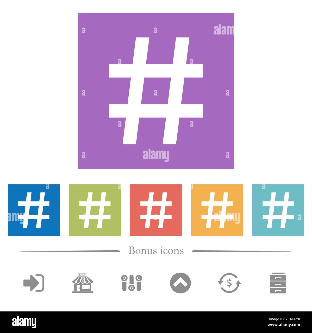 Hash tag flat white icons in square backgrounds. 6 bonus icons included ...