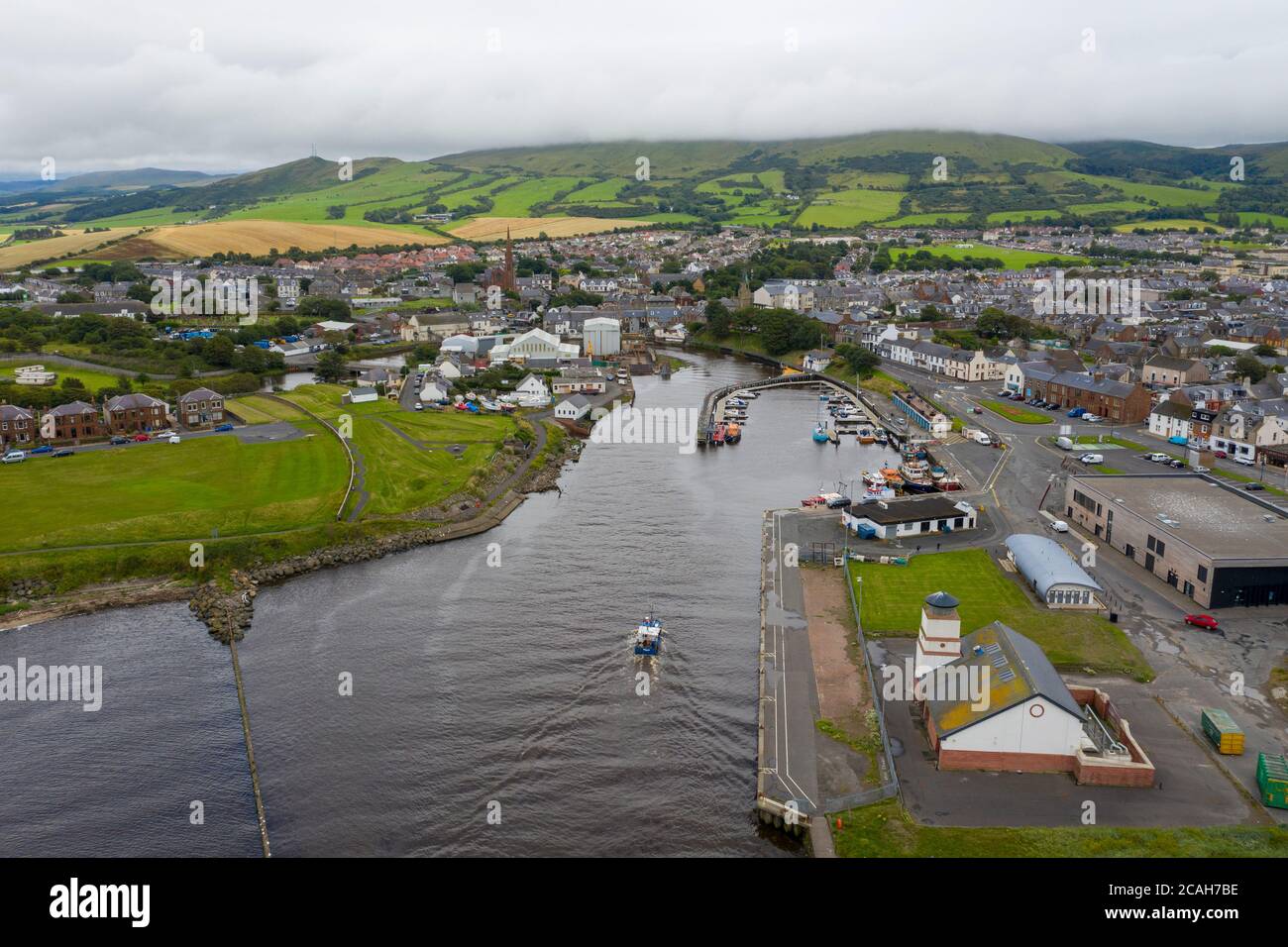 Aerial view of Girvan harbour and town centre, South Ayrshire, Scotland ...