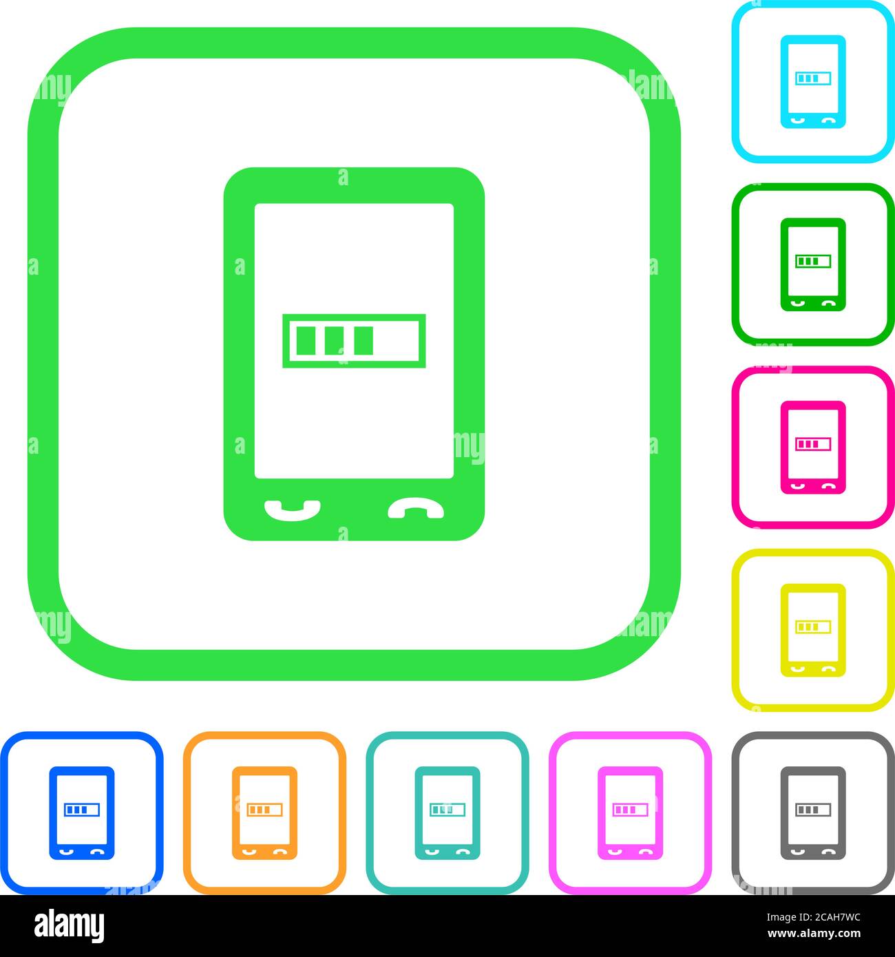 Mobile processing vivid colored flat icons in curved borders on white ...