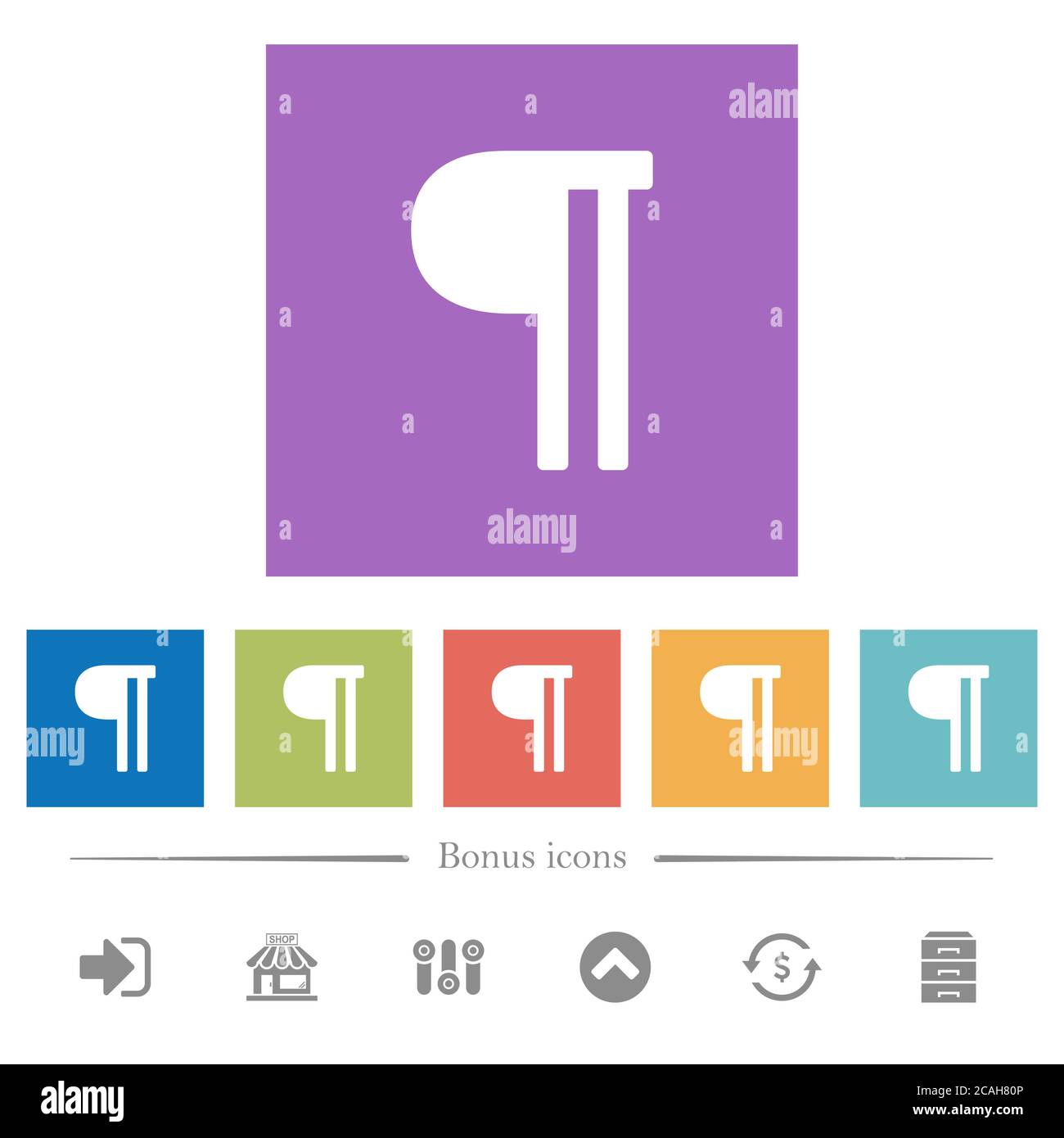 Text paragraph flat white icons in square backgrounds. 6 bonus icons ...