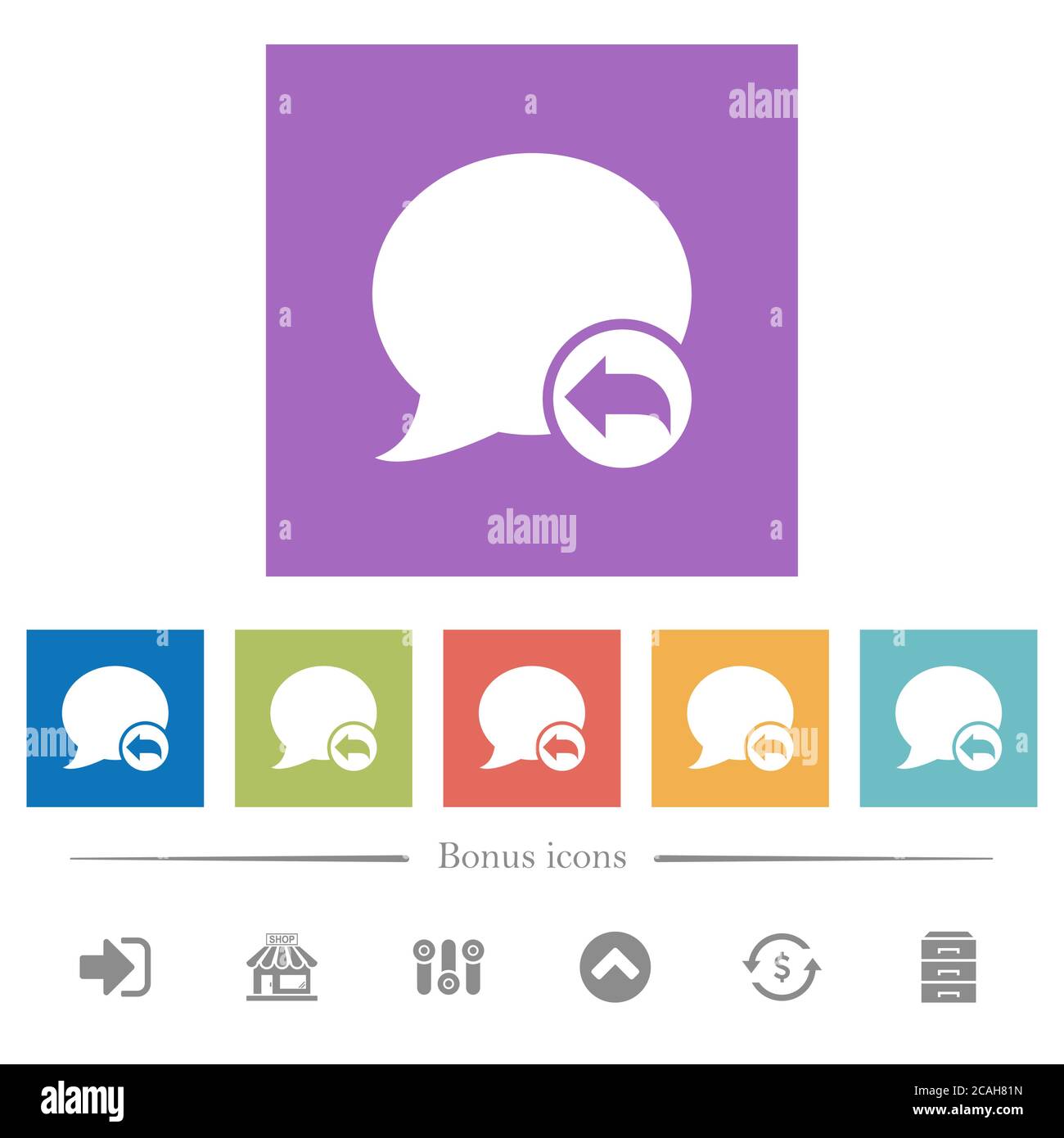 Reply blog comment flat white icons in square backgrounds. 6 bonus ...