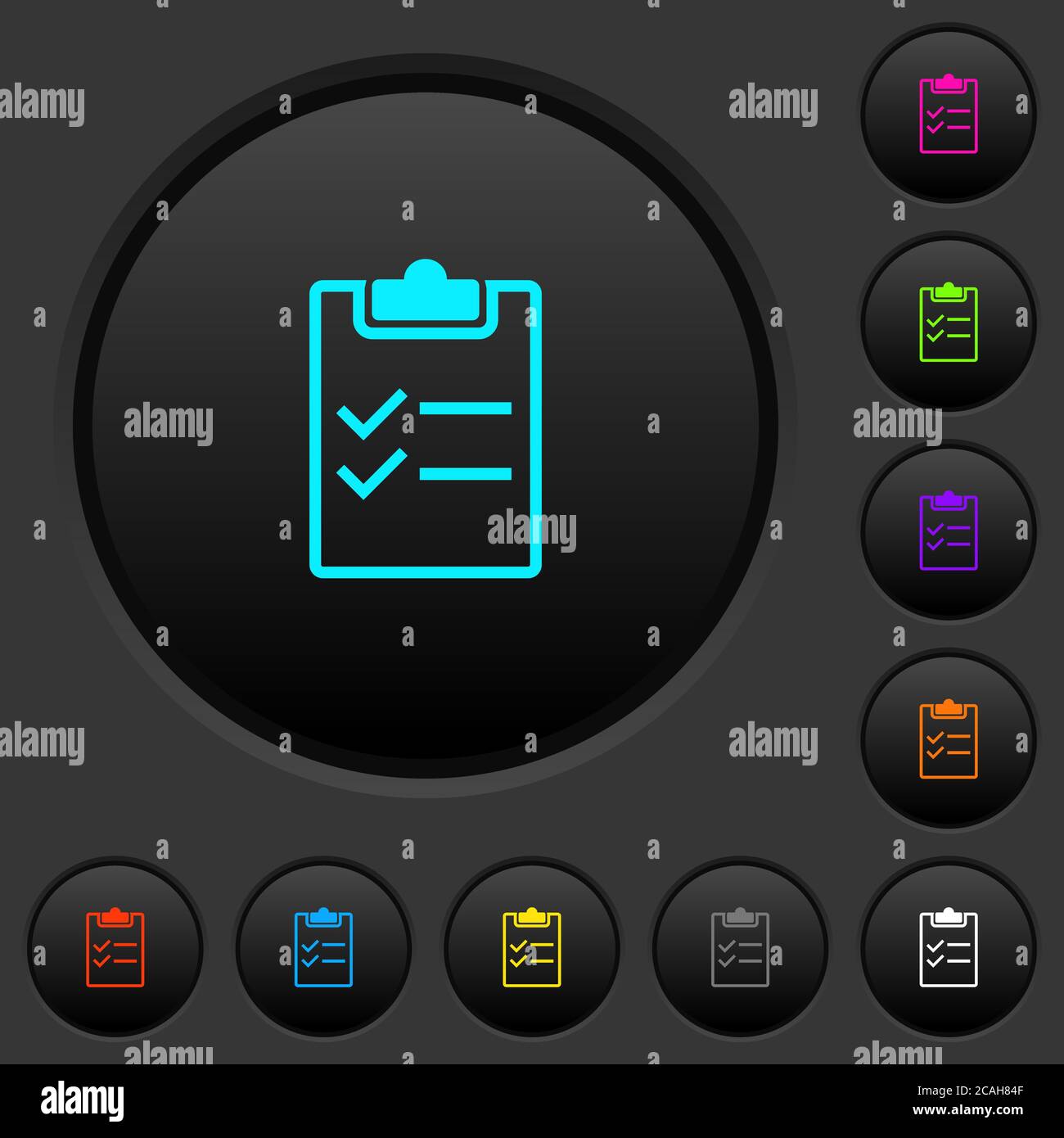 Checklist dark push buttons with vivid color icons on dark grey ...