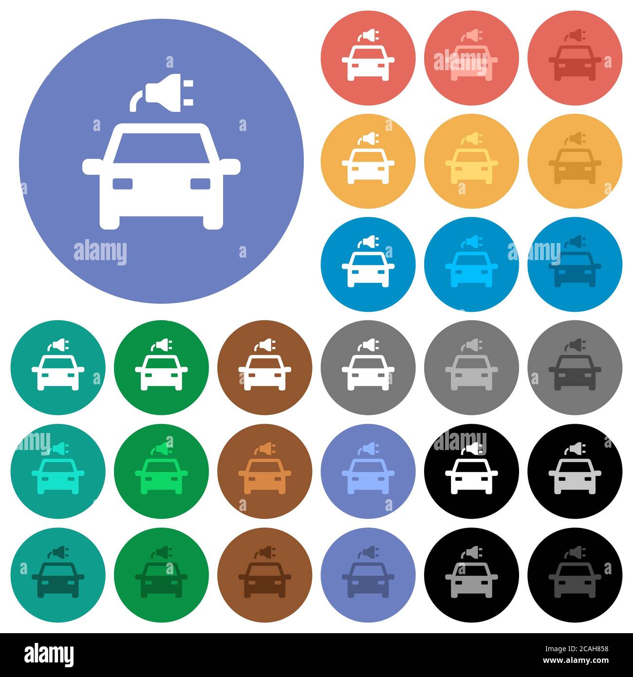 Electric car with connector multi colored flat icons on round ...