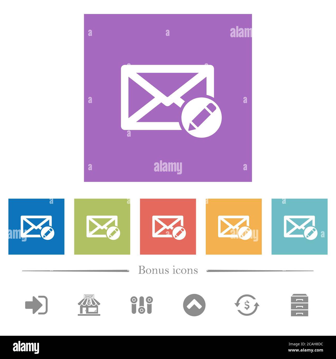 Write mail flat white icons in square backgrounds. 6 bonus icons ...