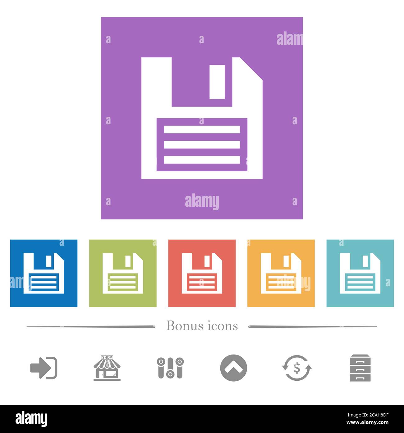 Floppy disk with vignette flat white icons in square backgrounds. 6 ...