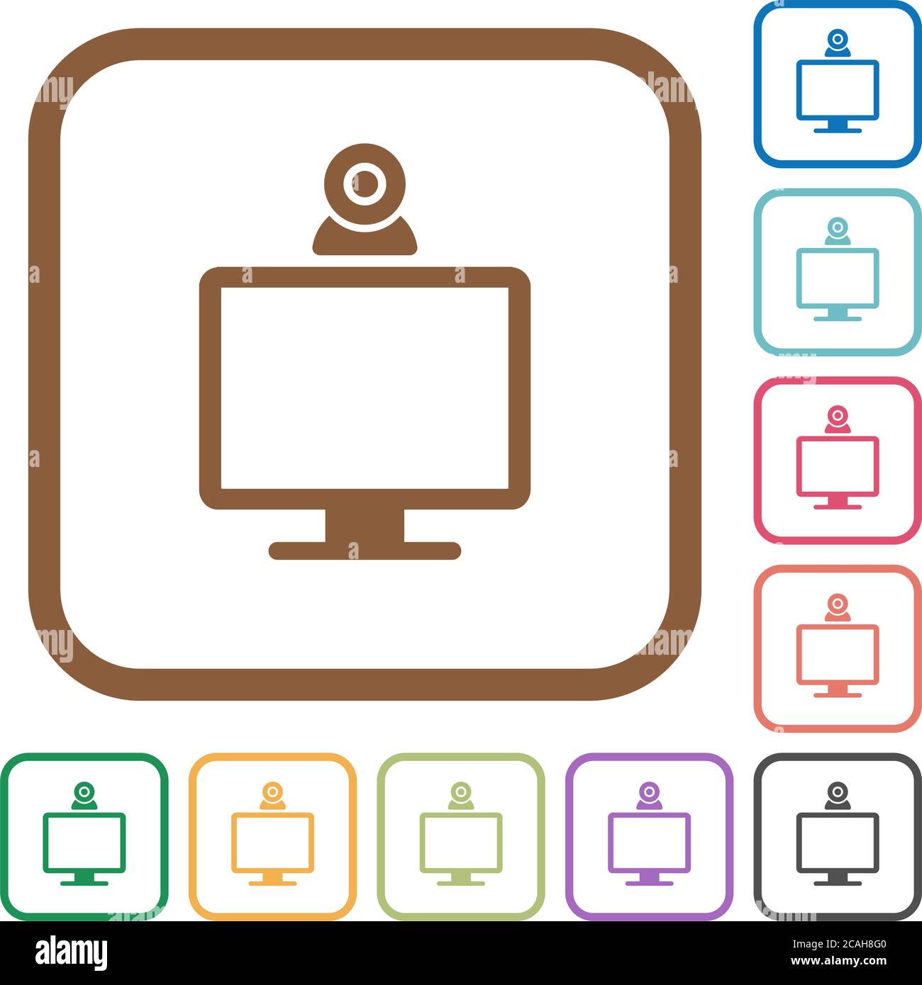 Monitor with webcam simple icons in color rounded square frames on ...