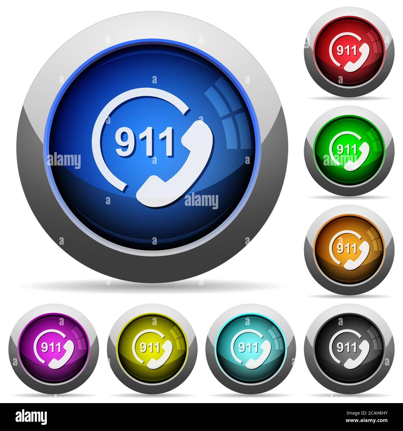 Emergency call 911 icons in round glossy buttons with steel frames ...