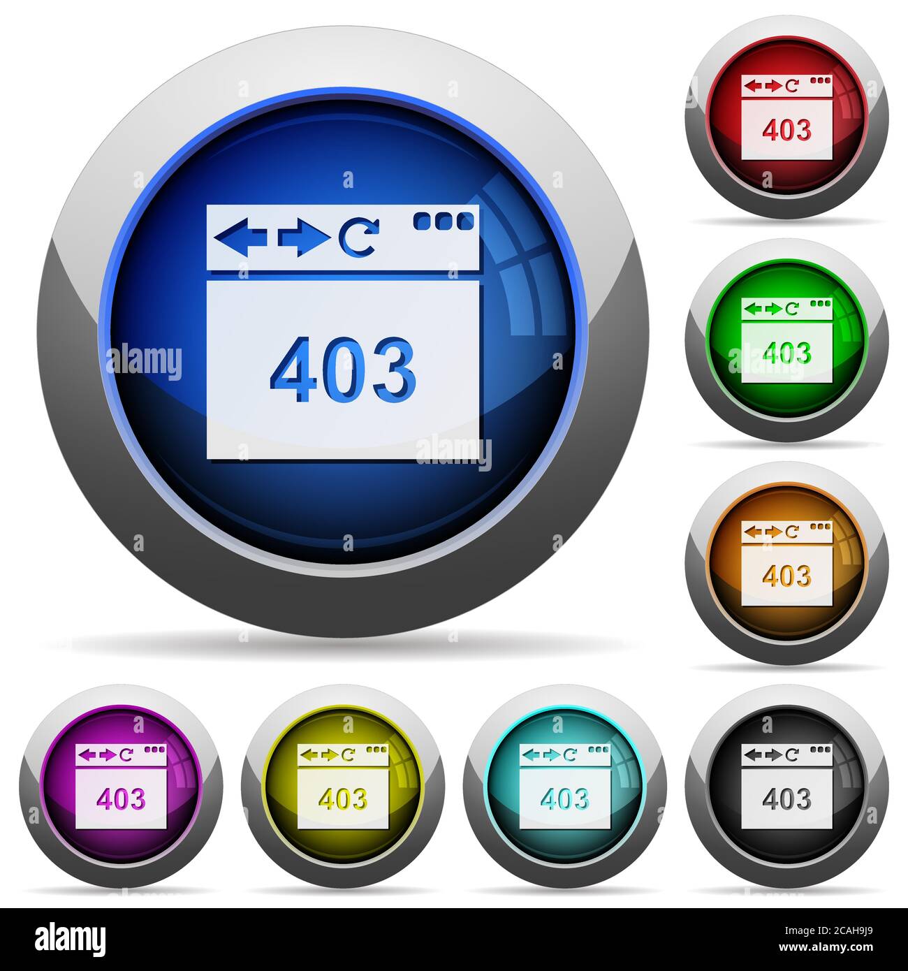 Browser 403 forbidden icons in round glossy buttons with steel frames ...