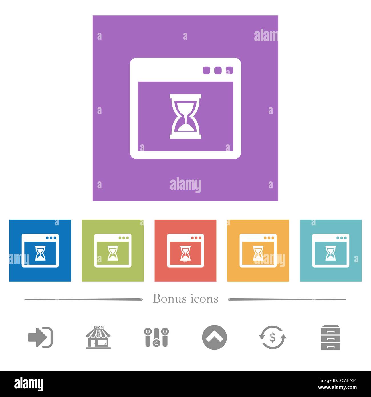 Waiting application flat white icons in square backgrounds. 6 bonus ...