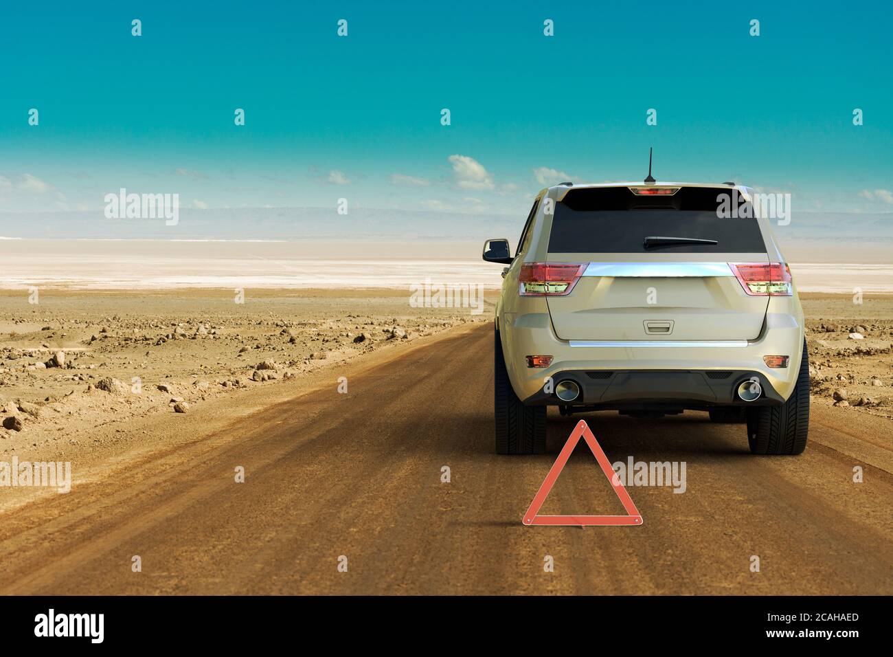 3D rendering of a car failure in the middle of the desert of a SUV ...