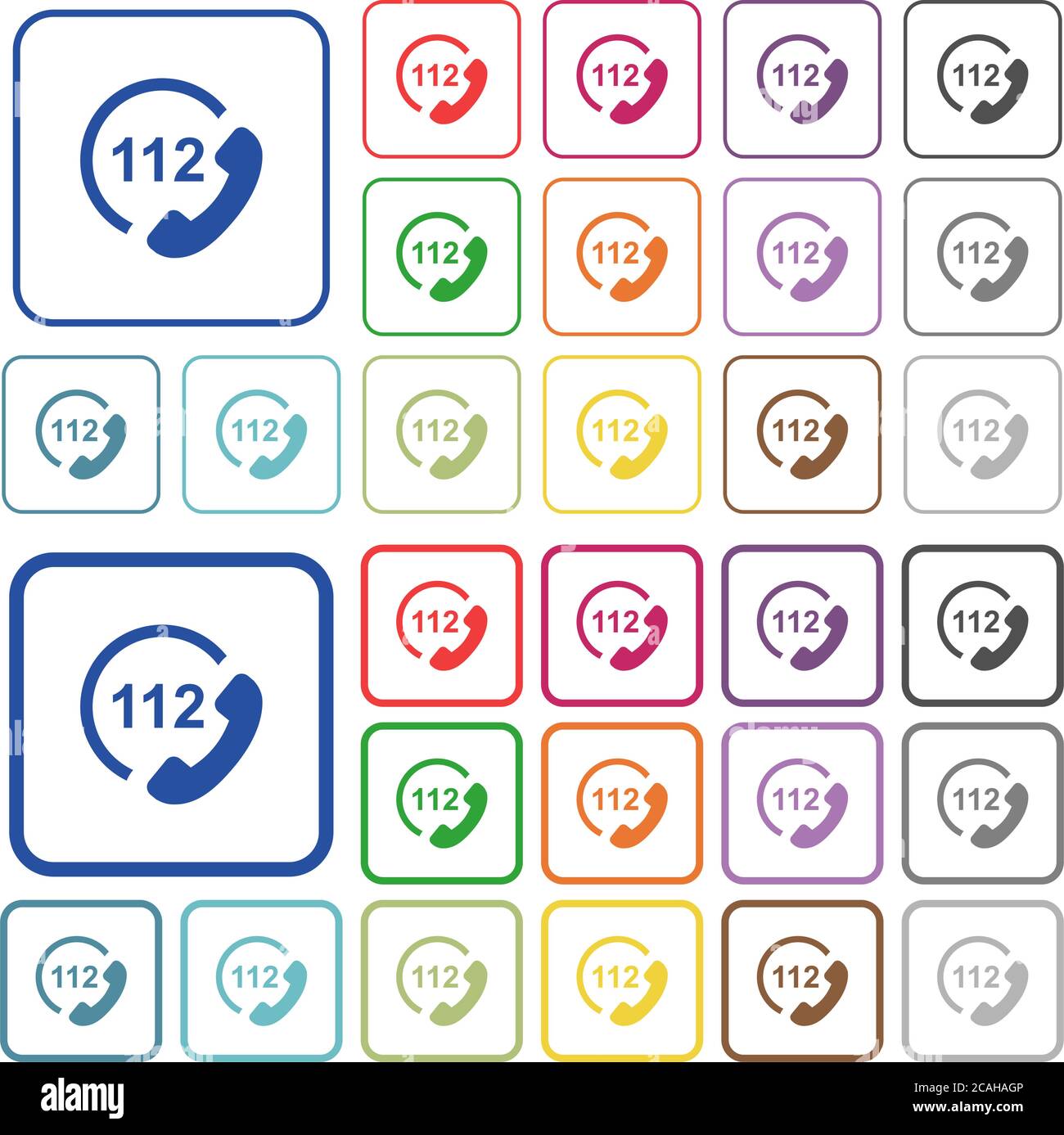 Emergency call 112 color flat icons in rounded square frames. Thin and thick versions included ...