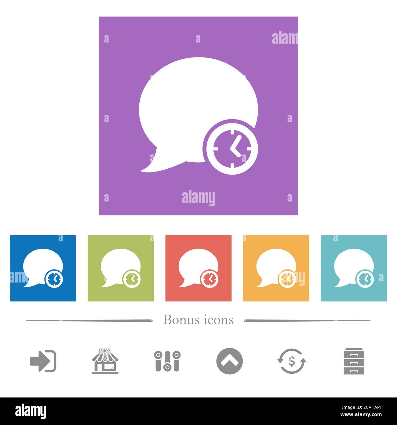 Blog comment time flat white icons in square backgrounds. 6 bonus icons ...