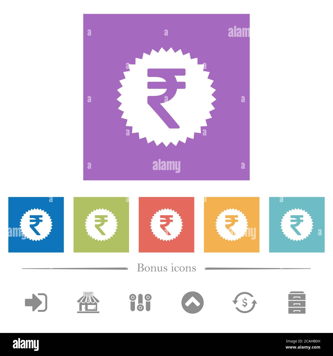 Indian Rupee sticker flat white icons in square backgrounds. 6 bonus ...