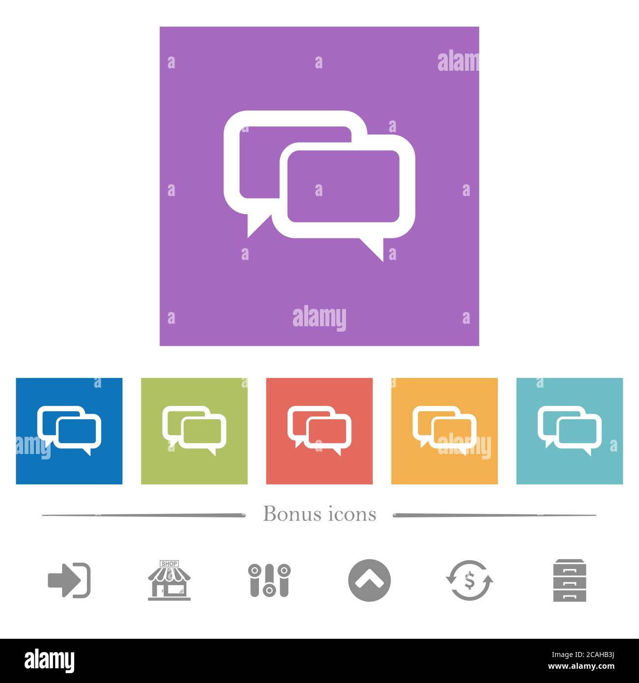Chat bubbles flat white icons in square backgrounds. 6 bonus icons ...