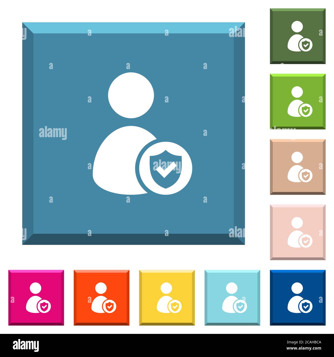 User account protected white icons on edged square buttons in various ...