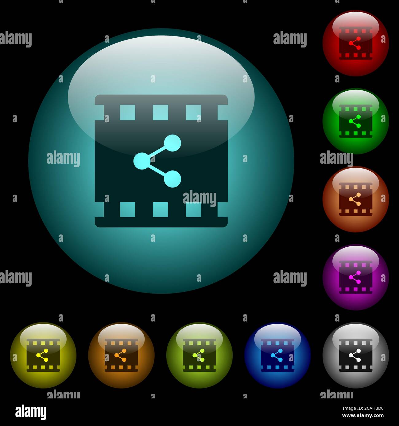 Share movie icons in color illuminated spherical glass buttons on black ...