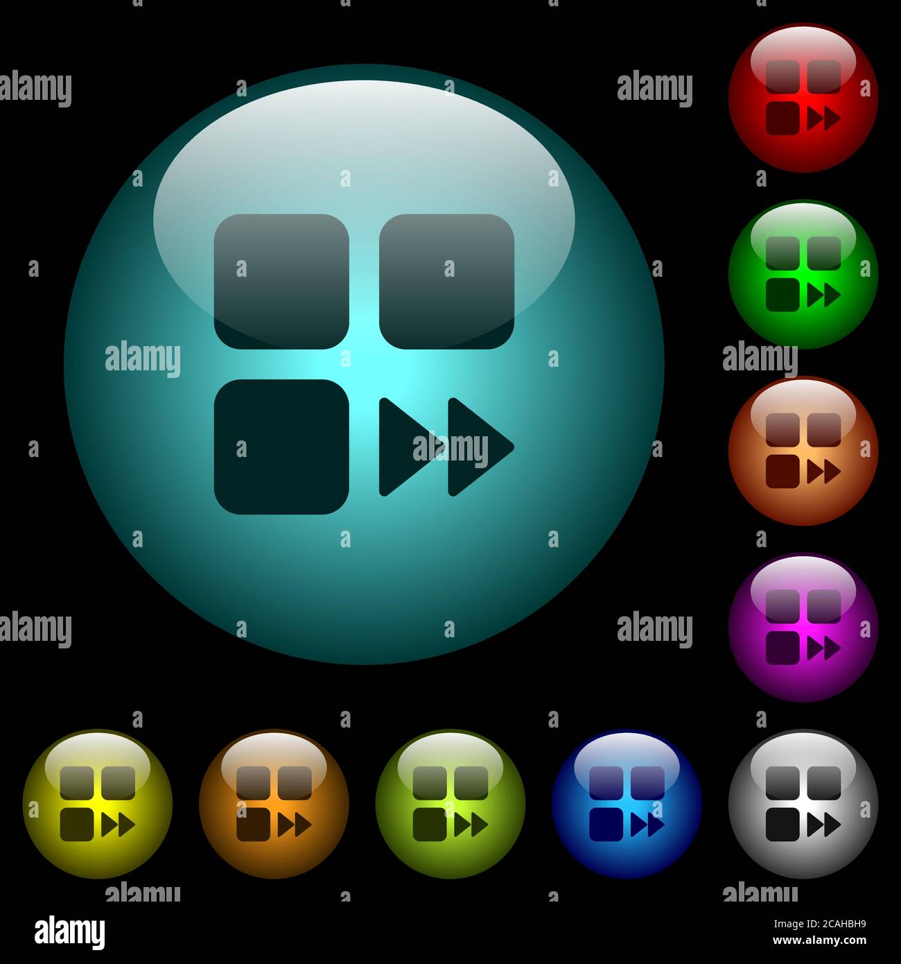 Component fast forward icons in color illuminated spherical glass ...