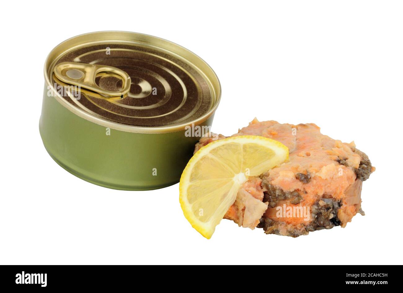 Tinned Pacific red salmon meat in a metal ring pull can isolated on a ...