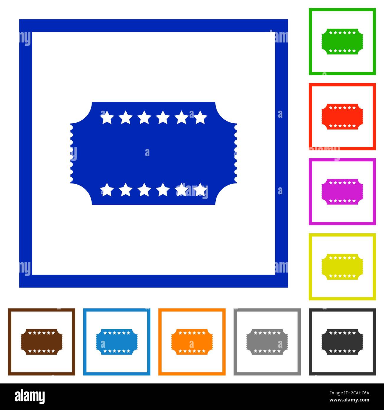 Ticket with stars flat color icons in square frames on white background ...