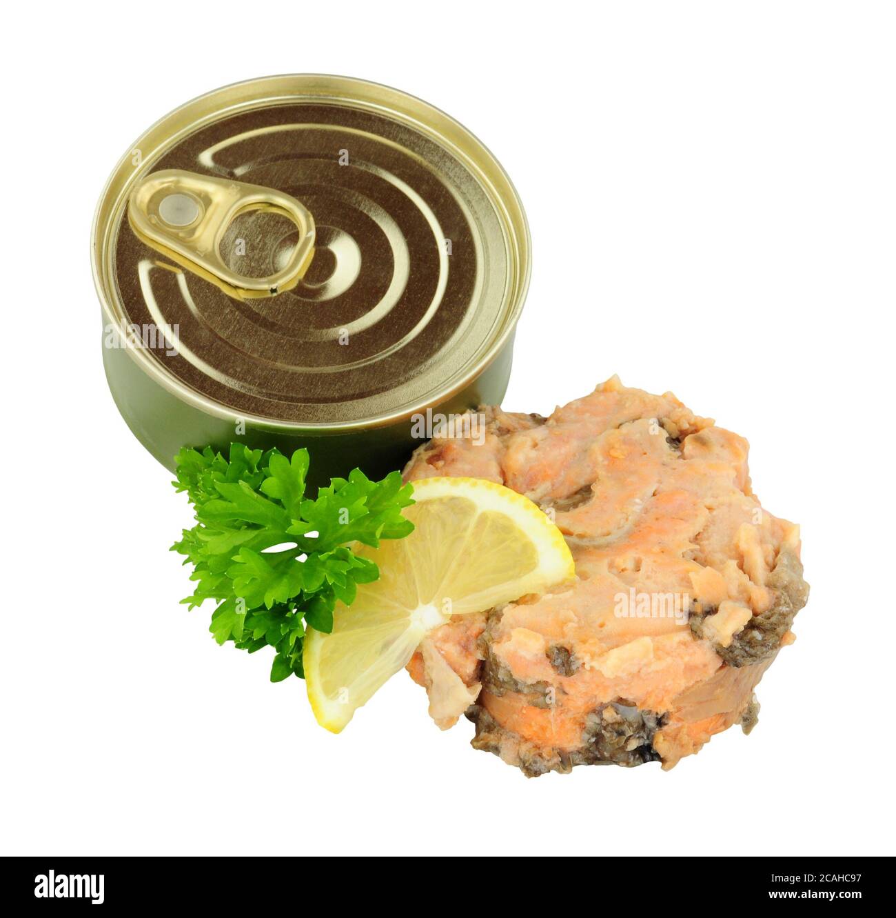 Tinned Pacific red salmon meat in a metal ring pull can isolated on a ...