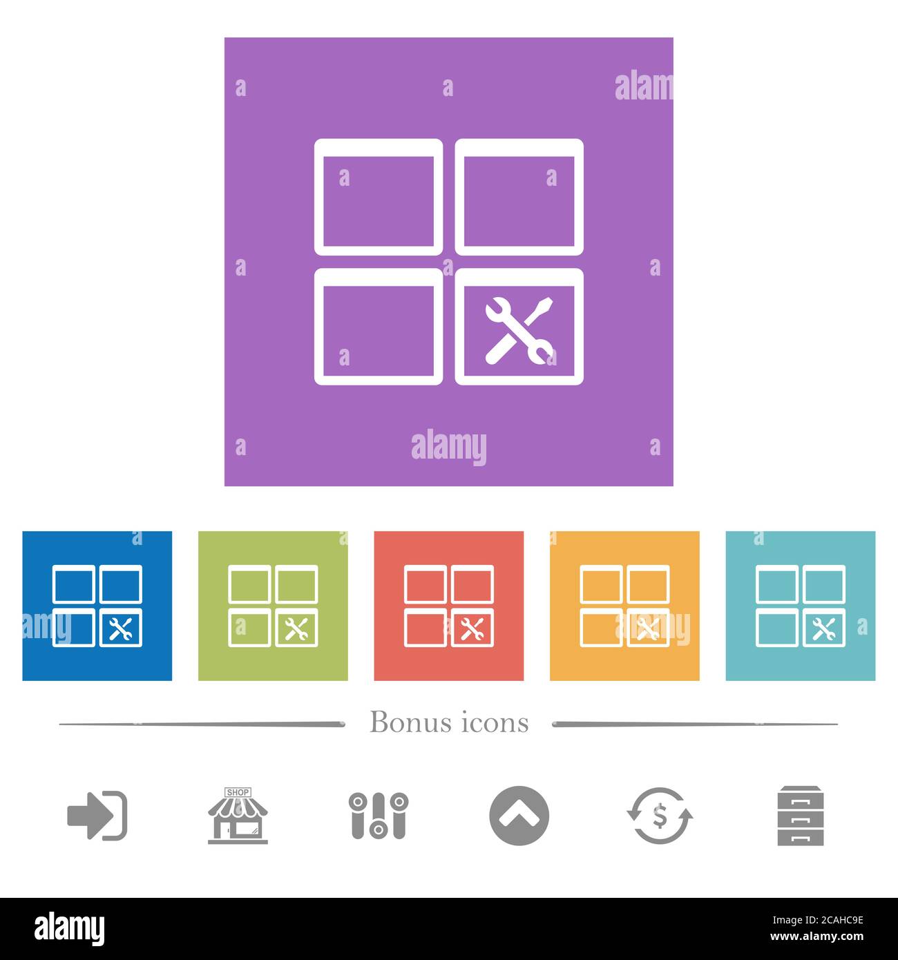 Dashboard tools flat white icons in square backgrounds. 6 bonus icons ...