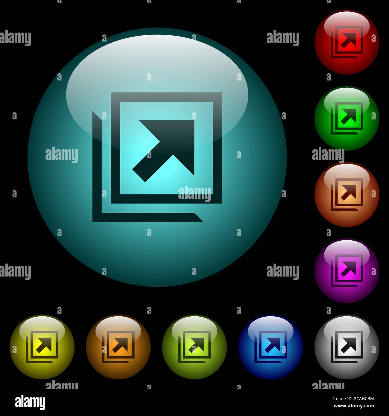 Open in new window icons in color illuminated spherical glass buttons ...