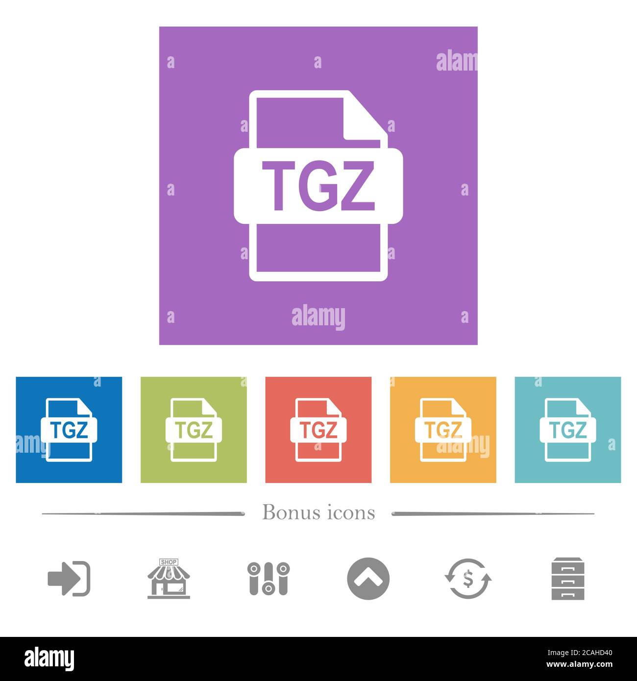 TGZ file format flat white icons in square backgrounds. 6 bonus icons ...