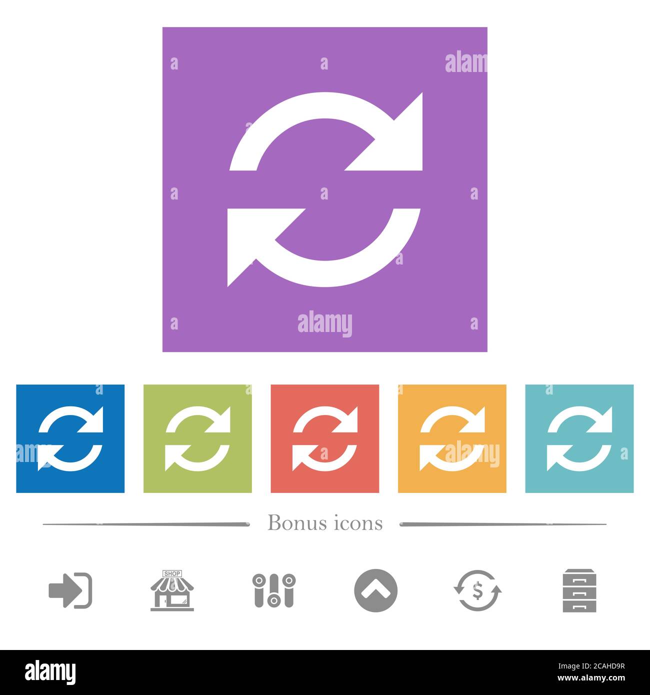 Refresh arrows flat white icons in square backgrounds. 6 bonus icons ...