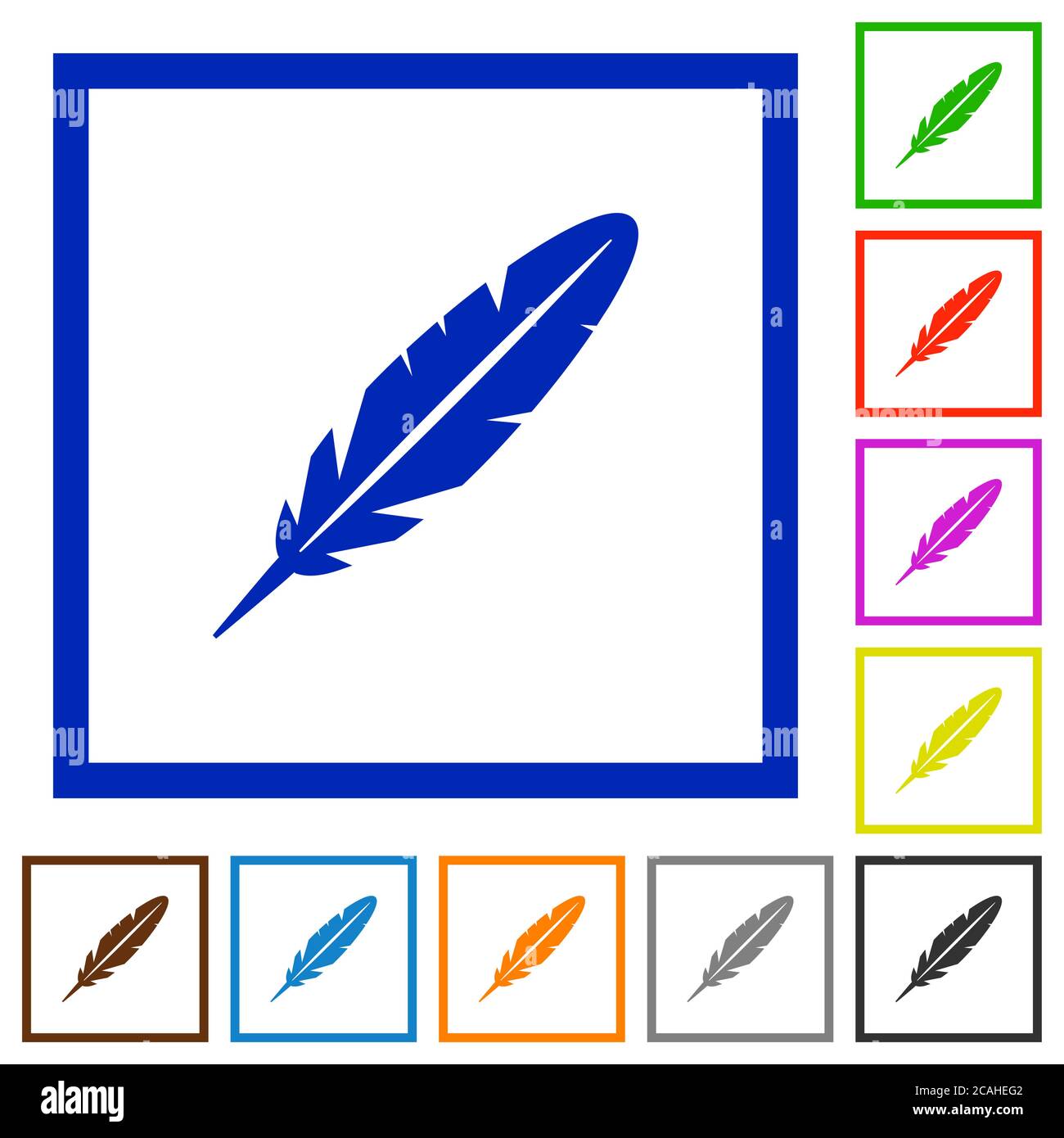Single feather flat color icons in square frames on white background ...