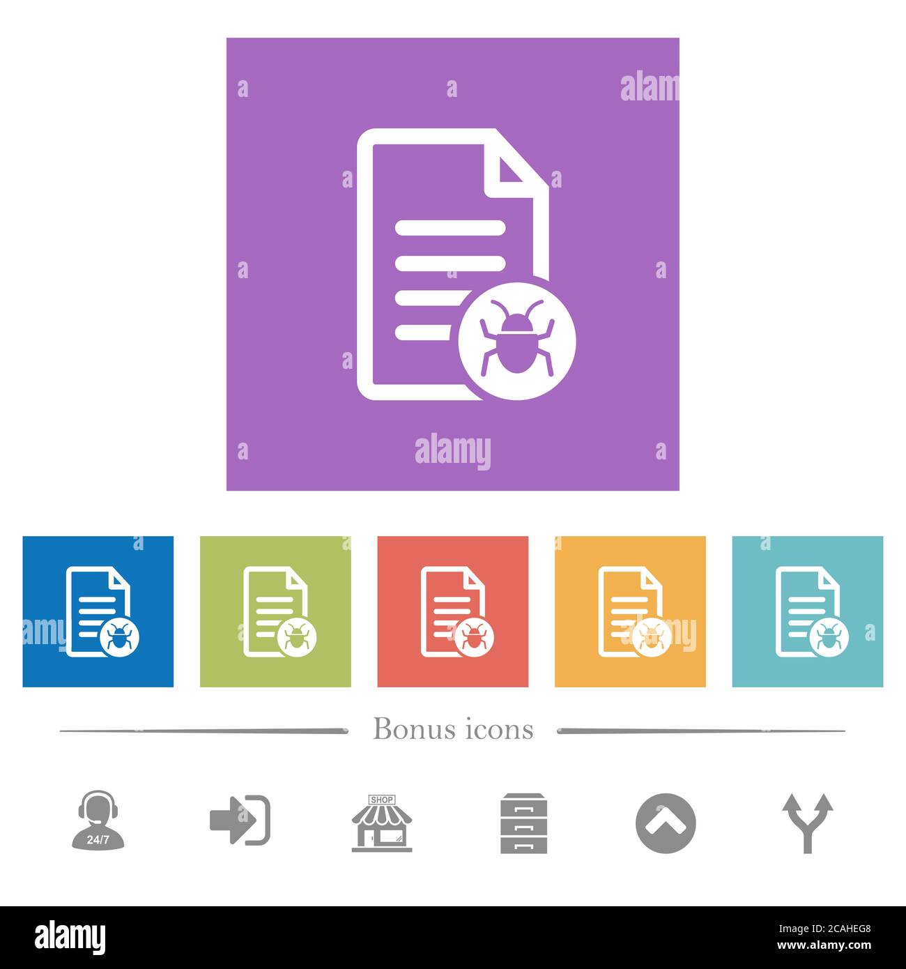 Malicious document flat white icons in square backgrounds. 6 bonus ...
