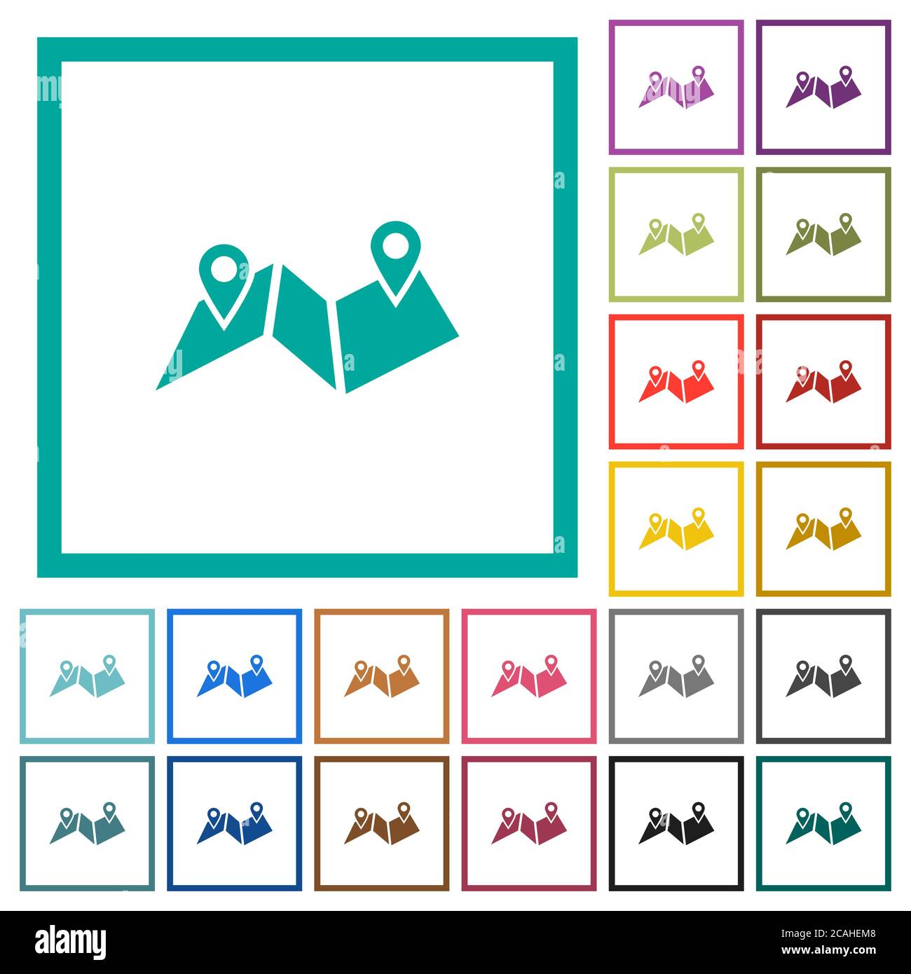 Route plan flat color icons with quadrant frames on white background ...