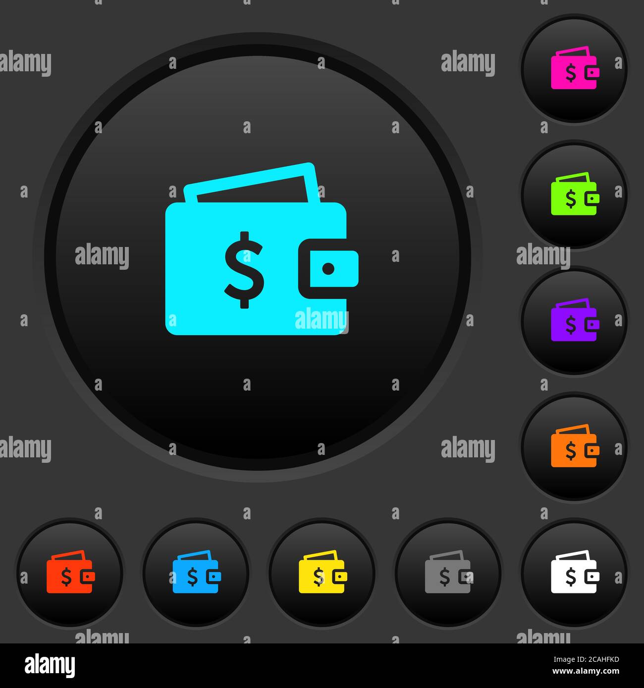 Dollar wallet dark push buttons with vivid color icons on dark grey ...