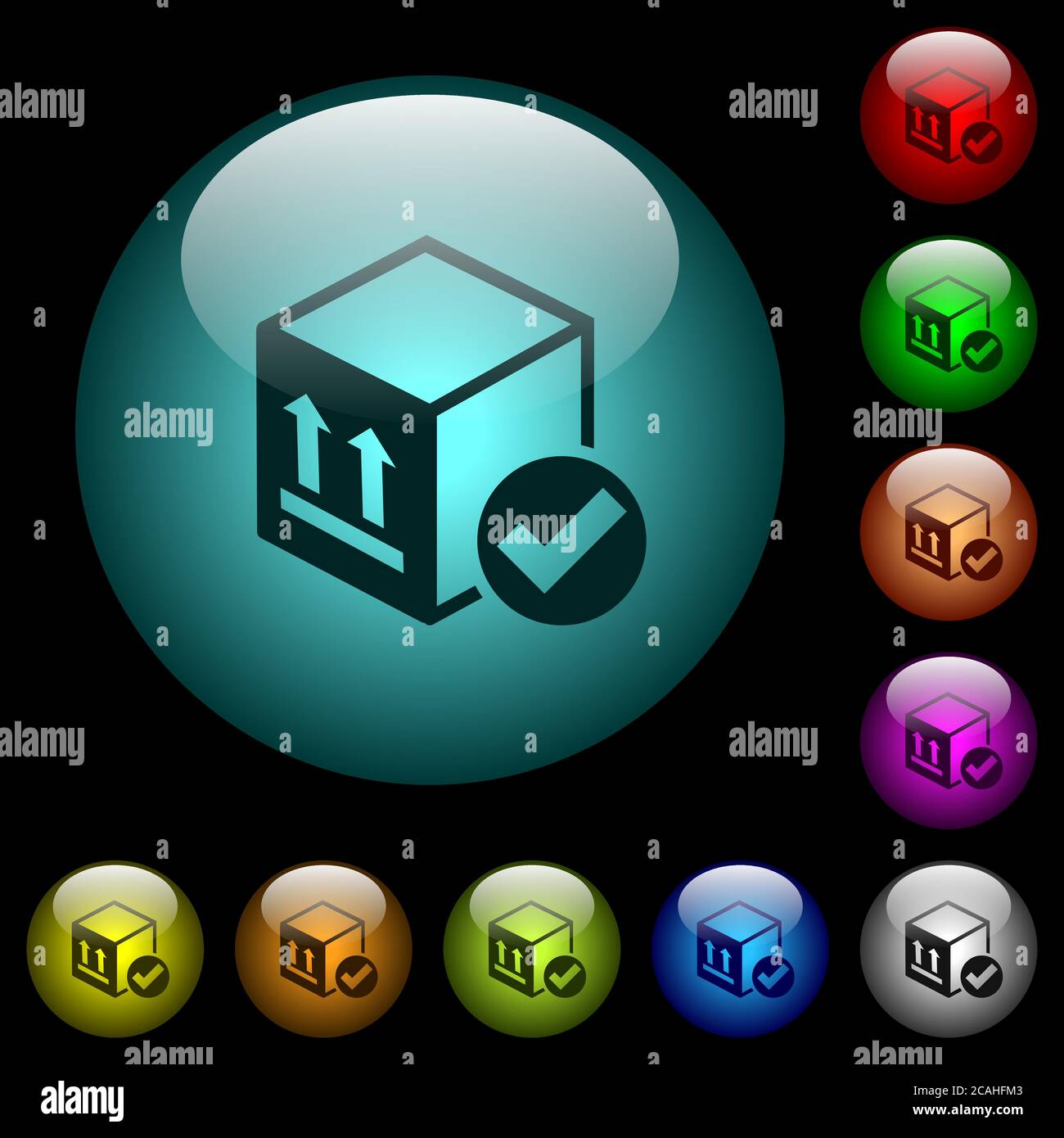 Package delivered icons in color illuminated spherical glass buttons on ...