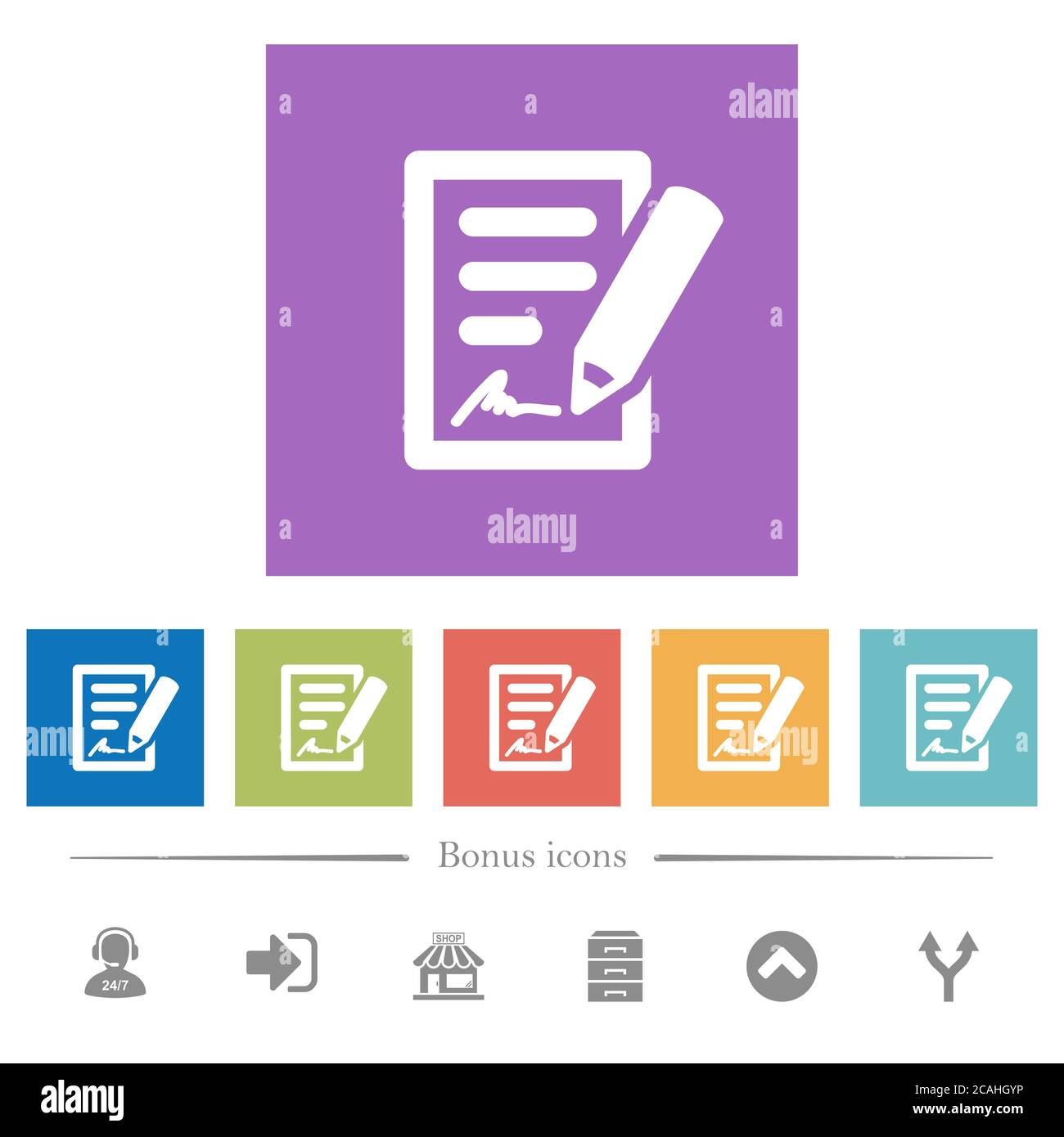 Signing contract flat white icons in square backgrounds. 6 bonus icons ...