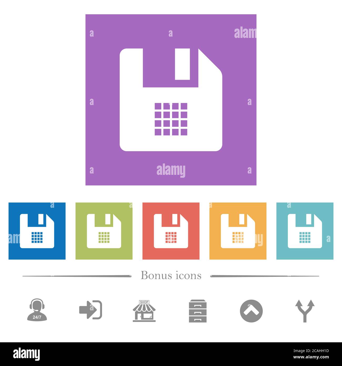 File grid view flat white icons in square backgrounds. 6 bonus icons ...