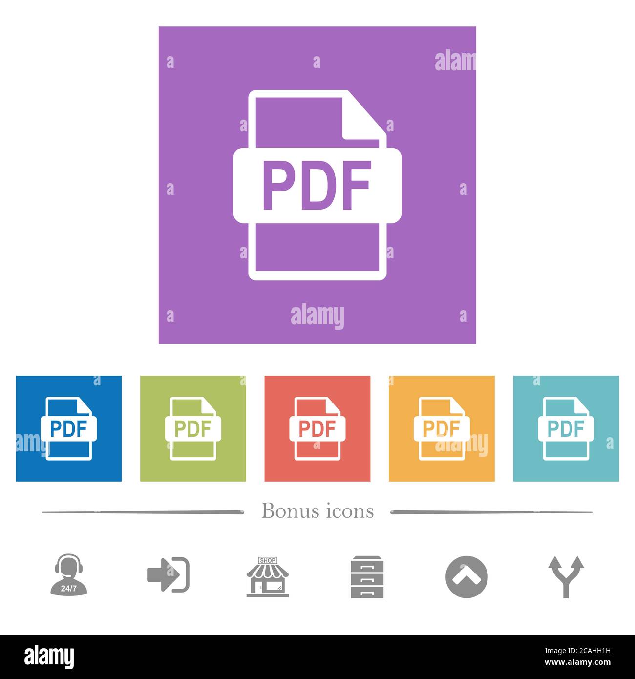 PDF file format flat white icons in square backgrounds. 6 bonus icons ...