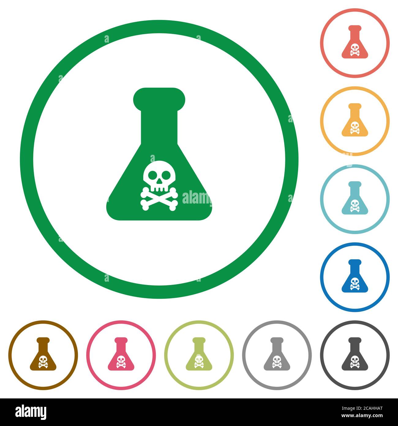 Dangerous chemical experiment flat color icons in round outlines on ...