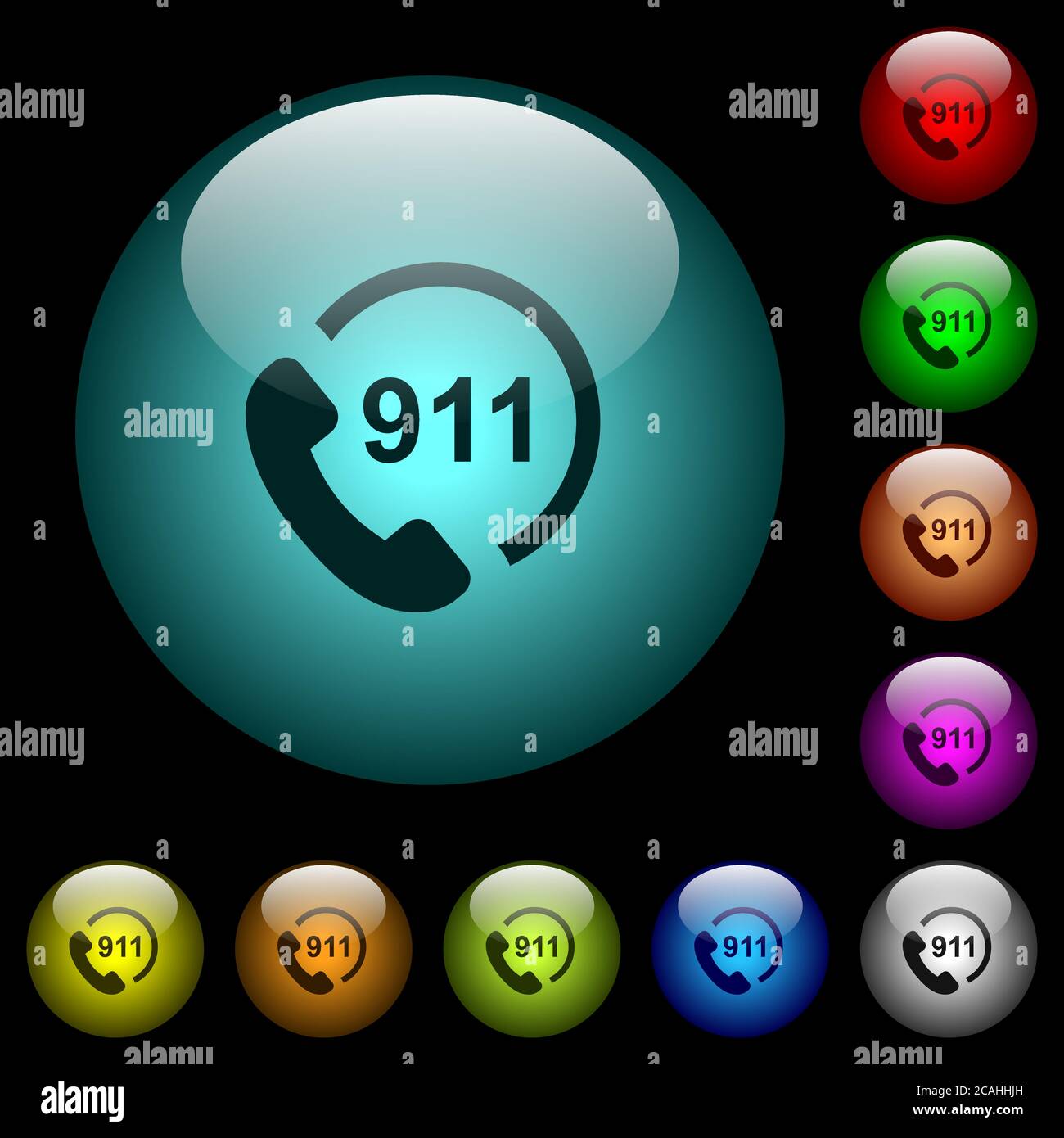Emergency call 911 icons in color illuminated spherical glass buttons ...