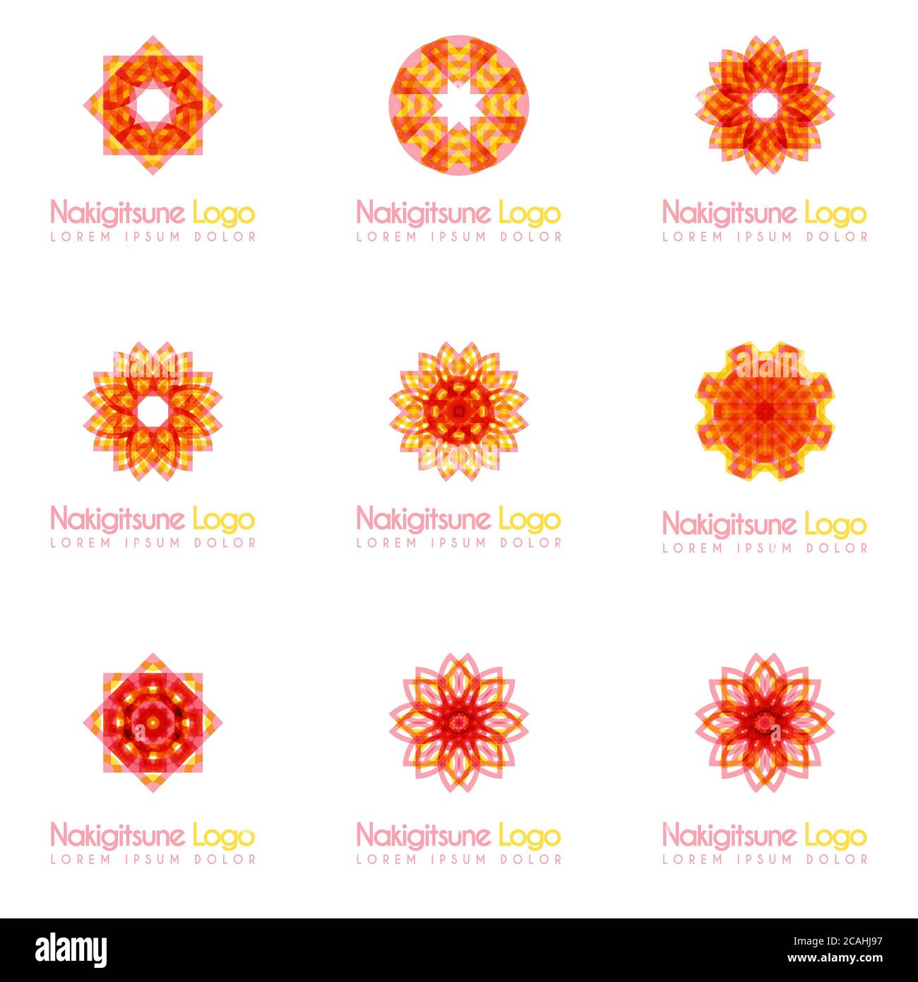 nine red and yellow flower logos with geometric shapes in pack. for the ...