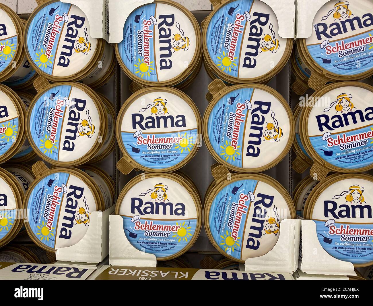 Viersen, Germany - July 9. 2020: Top view on Rama margarine butter cups ...