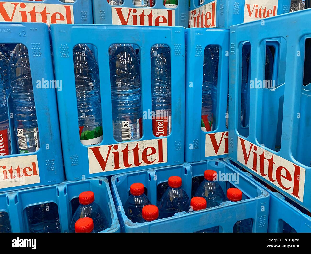 Viersen, Germany - July 9. 2020: View on isolated blue Vittel mineral ...