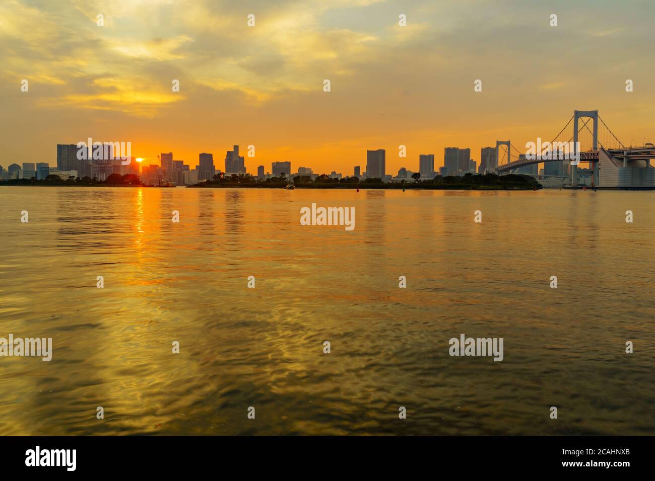 Sunset view of the city skyline and the Rainbow Bridge, in Tokyo, Japan ...