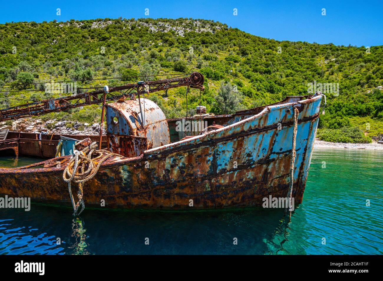 Rusty shipwreck of an old cargo boat at Peristera island near Alonnisos ...
