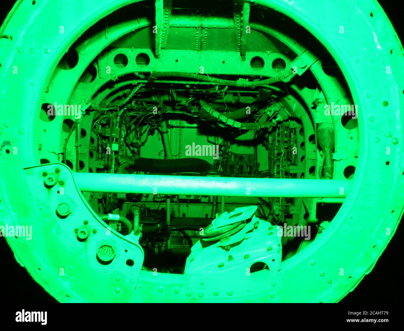 inside tail of disused abandoned Helicopter grounded at night with ...