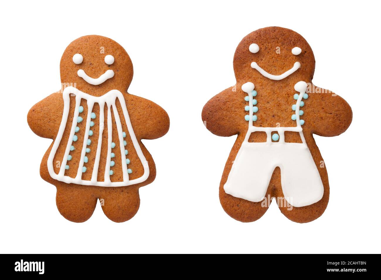 Gingerbread cookies in shape of woman and man isolated on white ...
