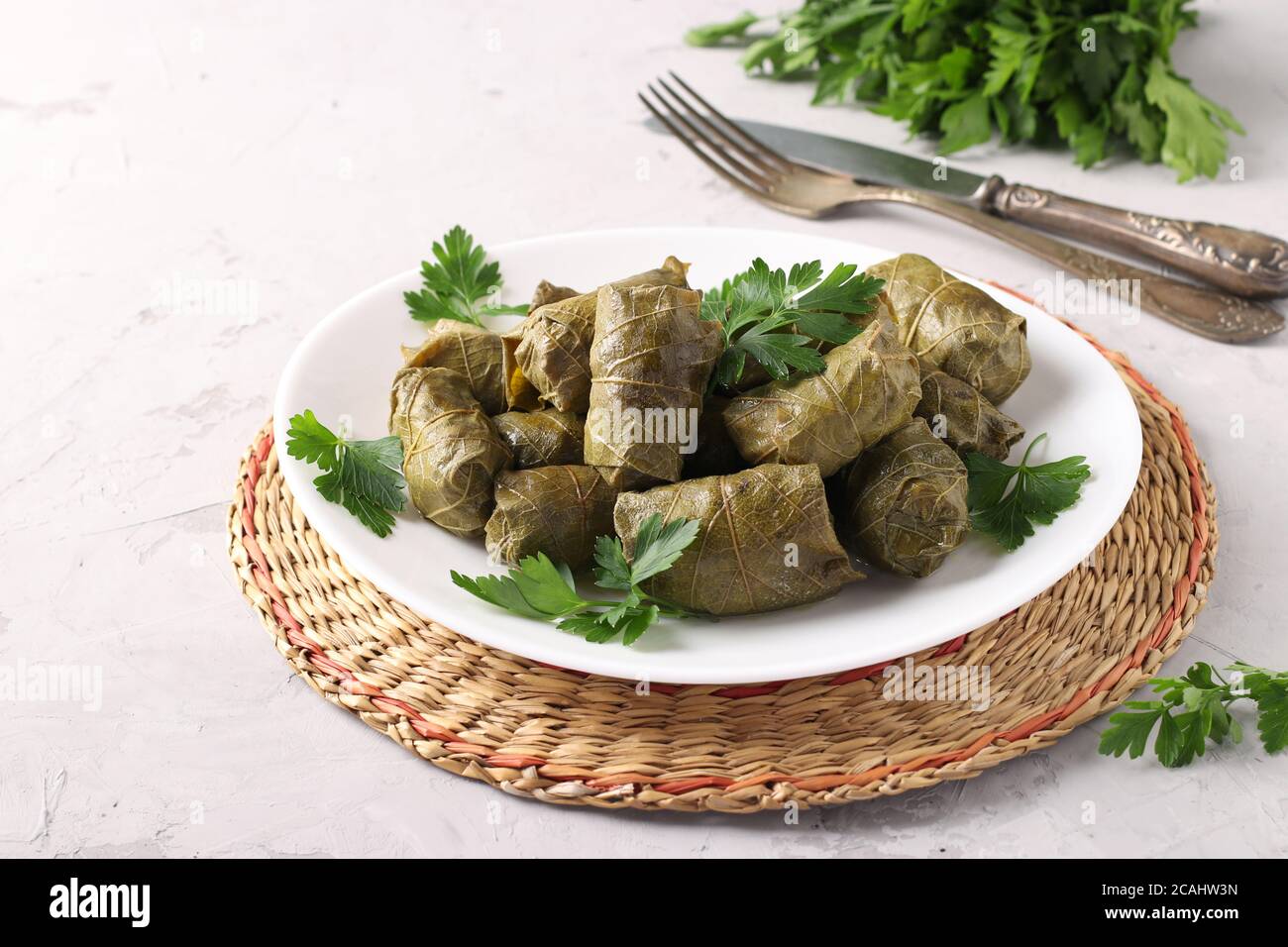 Dolma - stuffed grape leaves with rice and meat on a white plate on ...