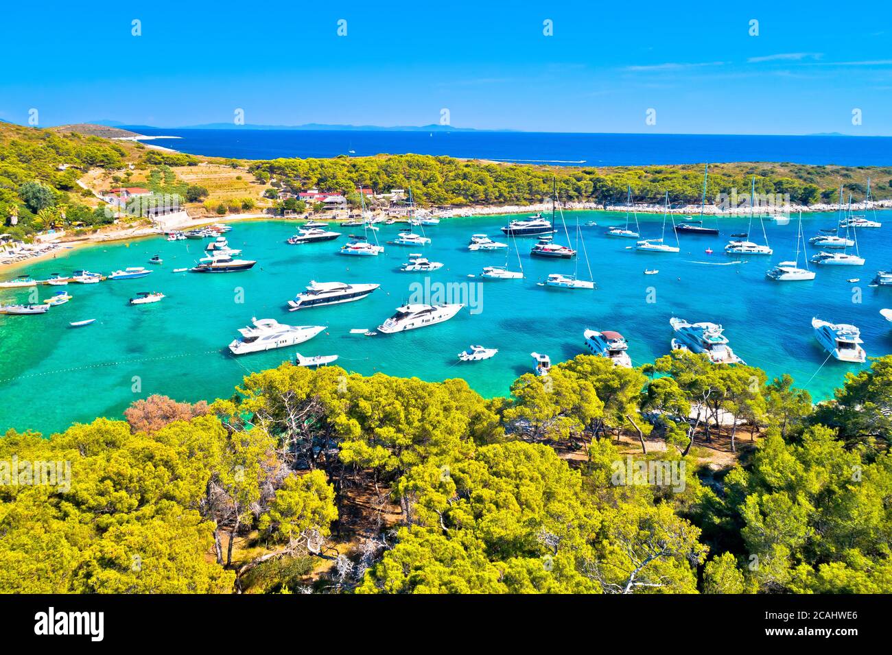 Aerial view of Palmizana, sailing cove and turquoise beach on Pakleni ...