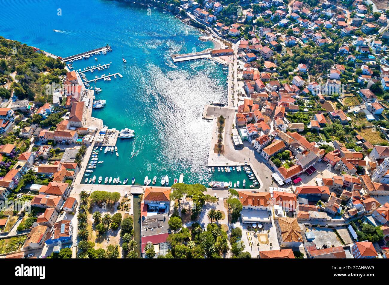 Town of Jelsa bay and waterfront aerial view, Hvar island, Dalmatia ...
