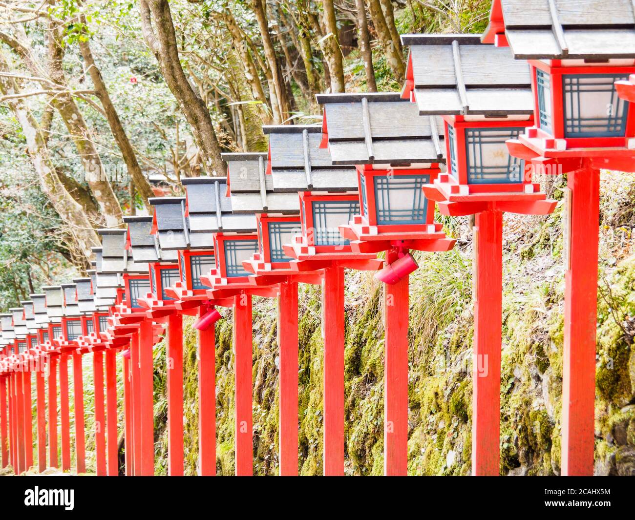 Closeup shot of red light poles continued staircase entrance Kibune ...